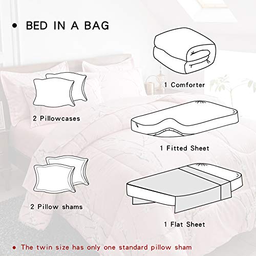 AIKASY Bed in a Bag 6 Pieces Twin Size - Floral Print - Soft Microfiber, Reversible Bed Comforter Set (1 Comforter, 2 Pillow Shams, 1 Flat Sheet, 1 Fitted Sheet, 1 Pillowcases)(Pink, Twin)
