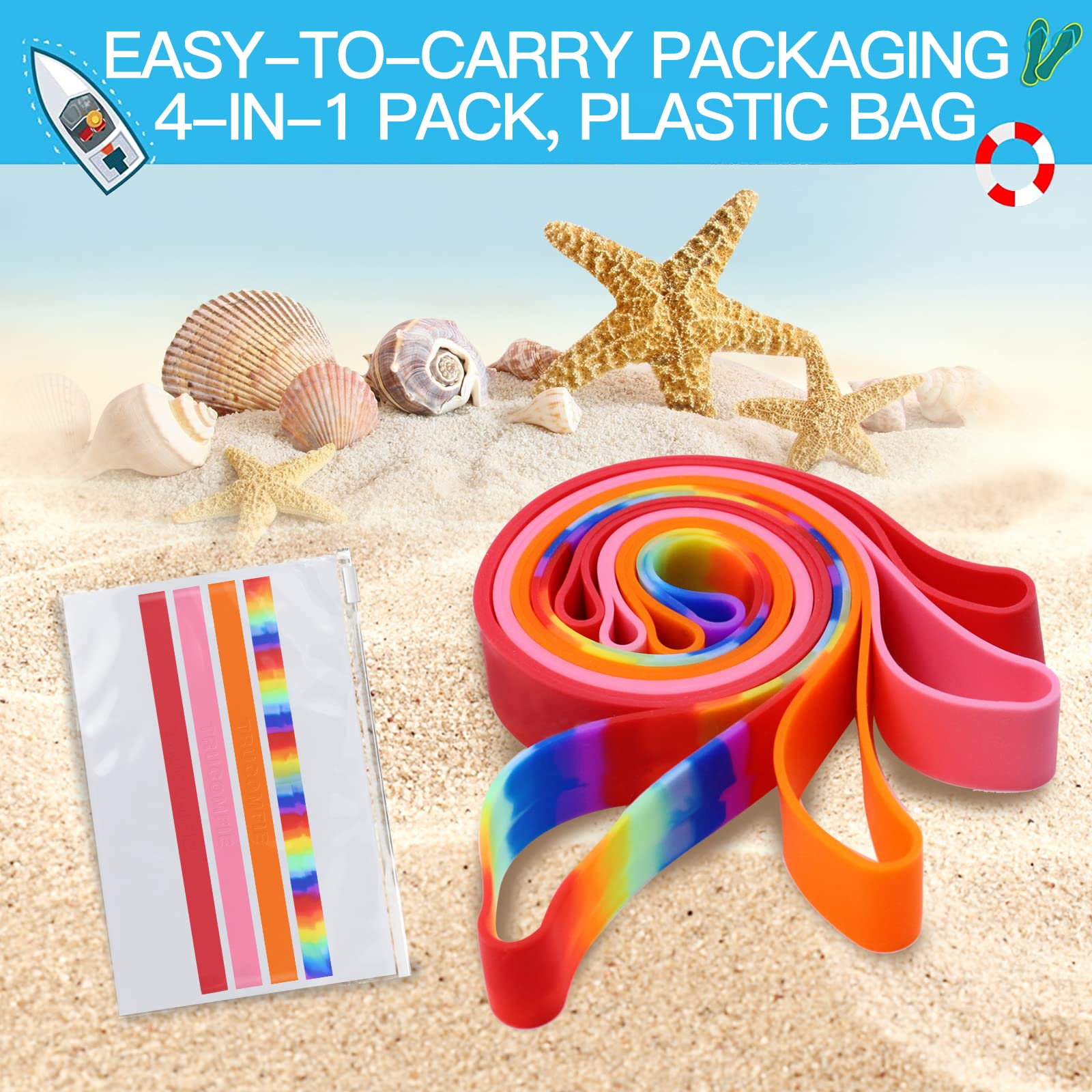 4 Pack Towel Bands for Beach, Pool & Cruise Chairs, Silicone-No Snapping in The Sun, Great Alternative for Beach Towel Clips (Red, Pink, Orange, Rainbow)