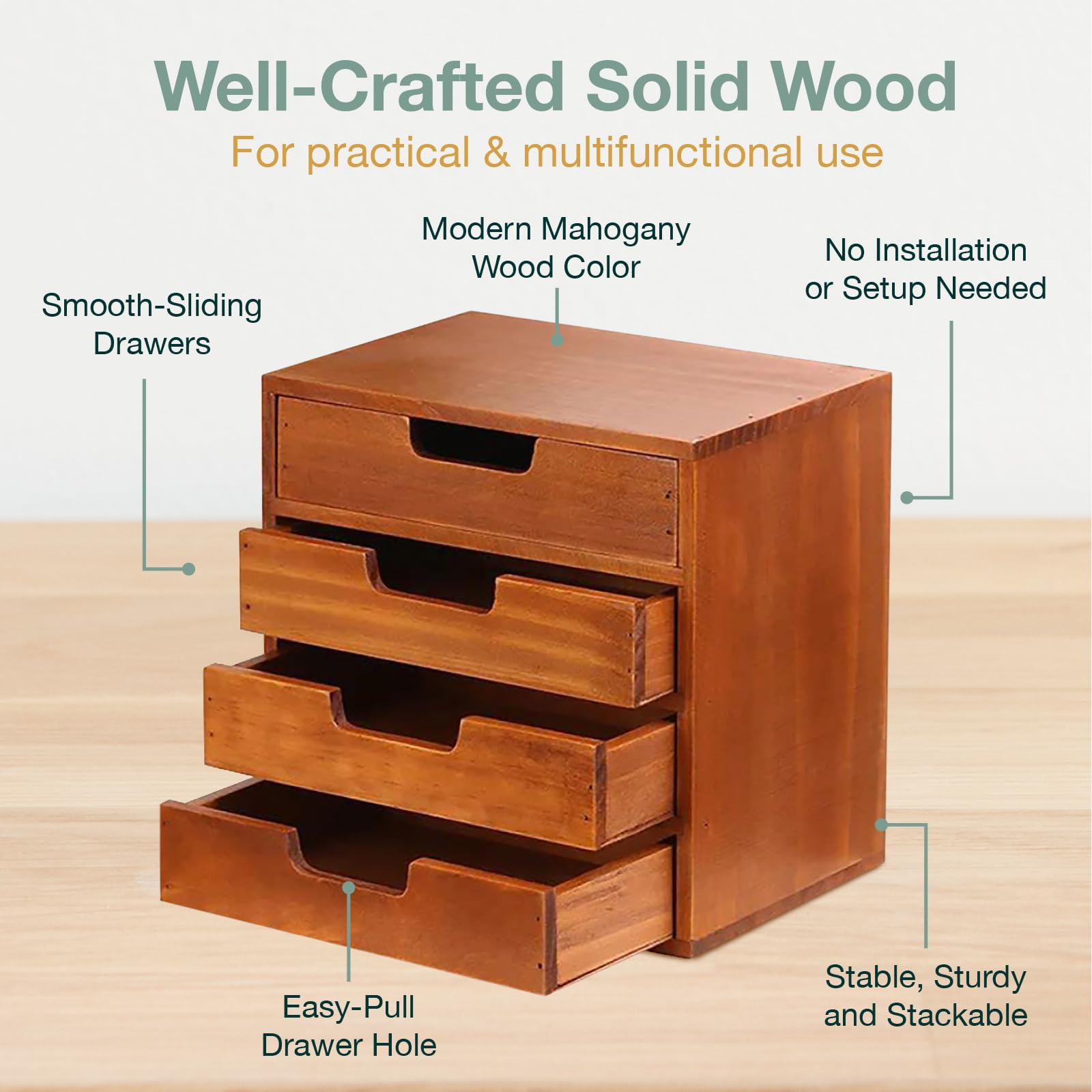 4-piece Drawer Cabinet Bundle Set - Modern Mahogany Wood Stackable Drawer Units - Multi-level Drawer Desktop Storage Organizers - Countertop Drawer Cabinets for Mix and Match (4-Pack)