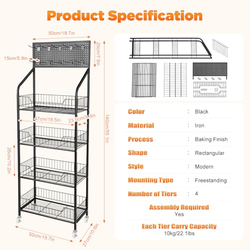 4-Tier Display Snack Rack,22.1lbs Load Metal Storage Shelf with Wheels & Hooks,10.2In Adjustable Tier Spacing Freestanding Snack Shelf Organizer for Pantry Kitchen Home Theater