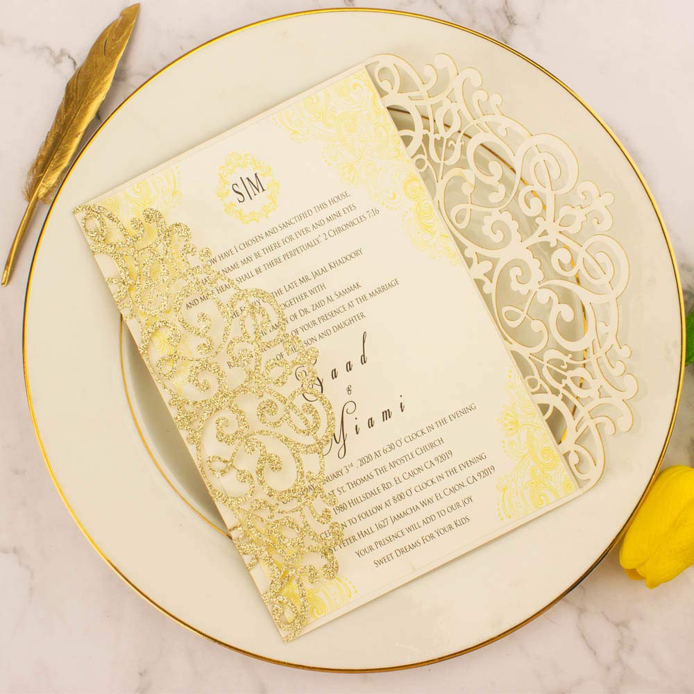 50Sets 5x7 inch 250gsm Light Gold Glitter Wedding Invitations Cards with Envelopes Laser Cut Greeting invites 4 Birthday Bridal Show