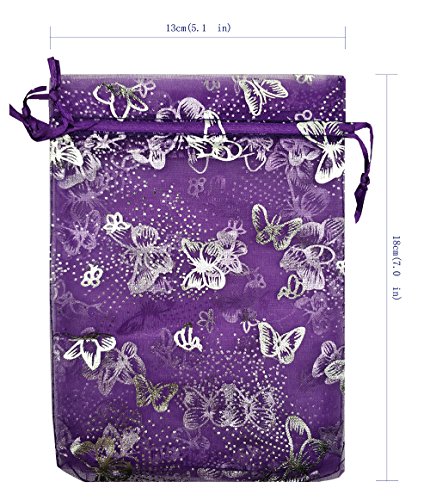 Ankirol 100pcs Sheer Organza Favor Bags Purple Butterfly Print for Wedding Bags Samples Display Drawstring Pouches (5x7)