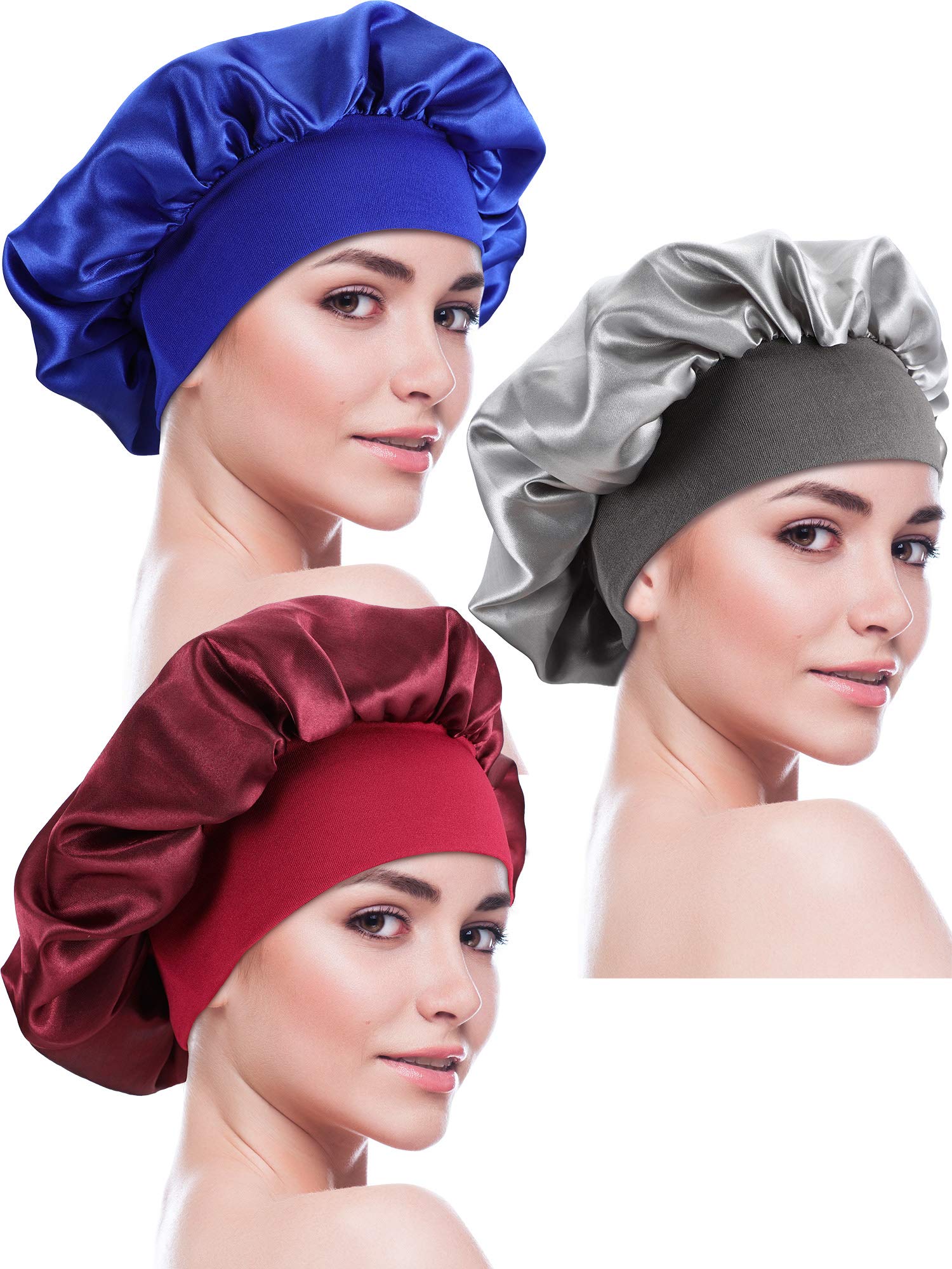 Blulu 3 Pieces Sleep Cap Satin Bonnet Night Head Cover Sleeping Soft Hair Turbans for Women and Girls (Silver Wine red Royal Blue)