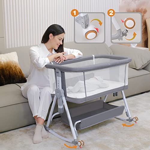 Baby Bassinet Bedside Sleeper for Baby with Wheels and Storage Basket ,All Mesh Portable Bedside Bassinet Co Sleeper for Newborn /Infant,7 Height Adjustable Easy to Assemble Bedside Crib(3 in 1,Grey)