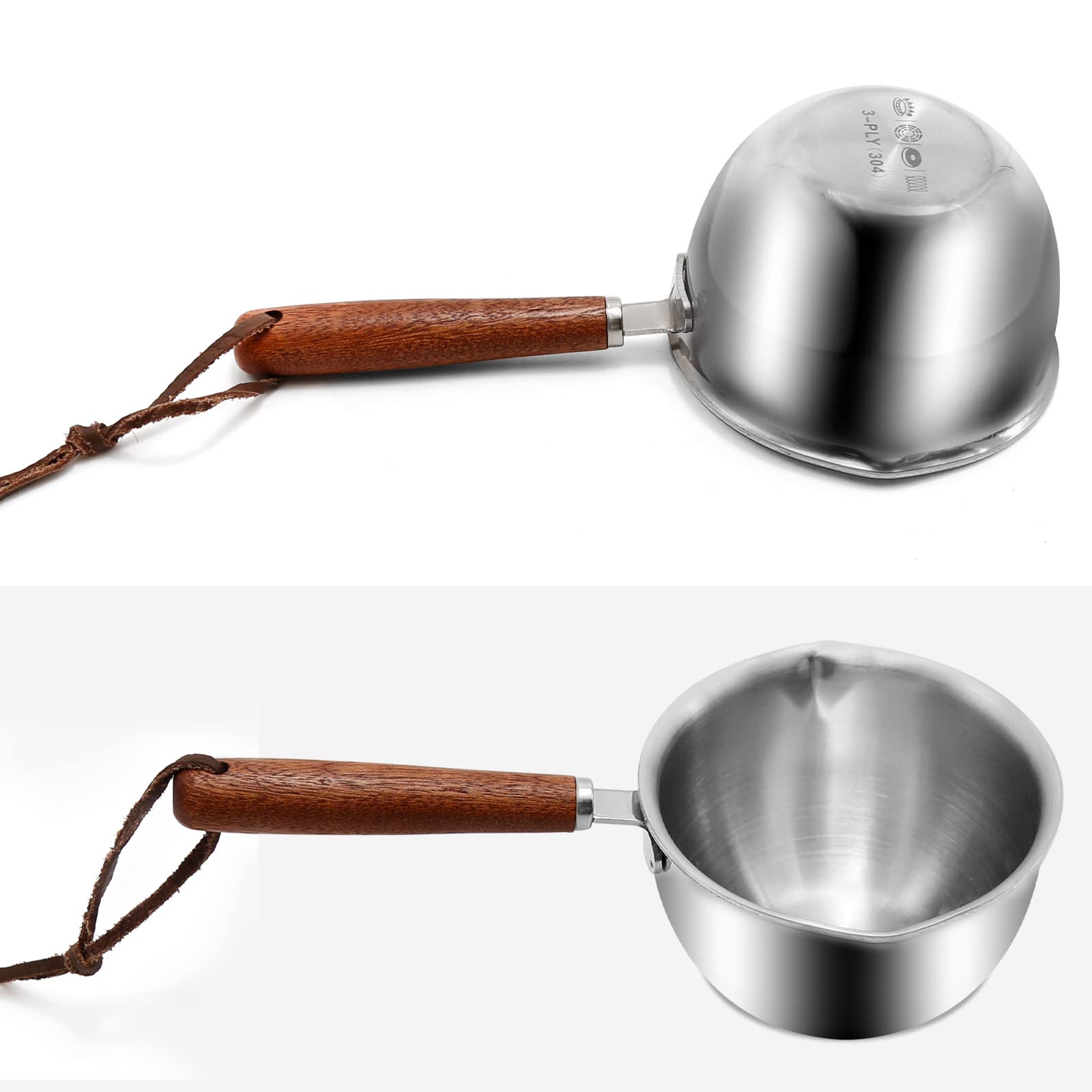 200ml/ 6.7oz Butter Warmer Pan with Dual Pour Spouts, Stainless Steel Milk Warmer Pot, Long Heat- Resistant Handle Small Sauce Pan for Stove Top, Chocolate Melting, Coffee Tea Soup Warming