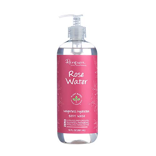 RENPURE Plant Based Organic Natural Rose Water Coconut Oil Body Wash, Sulfate Free Moisturizing Shower Gel Sensitive Skin with Pump for Women, Rose Water, 19 Fl Oz