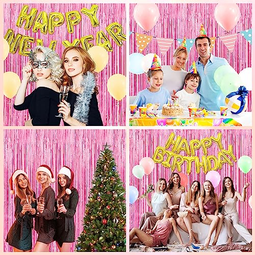 4-Pack Backdrop for Party Decorations, Foil Fringe Backdrop Curtains, Tinsel Streamers for Birthday Party Decorations, Pink Backdrop Curtains for Girl Graduation Unicorn Mermaid Disco Princess Parties