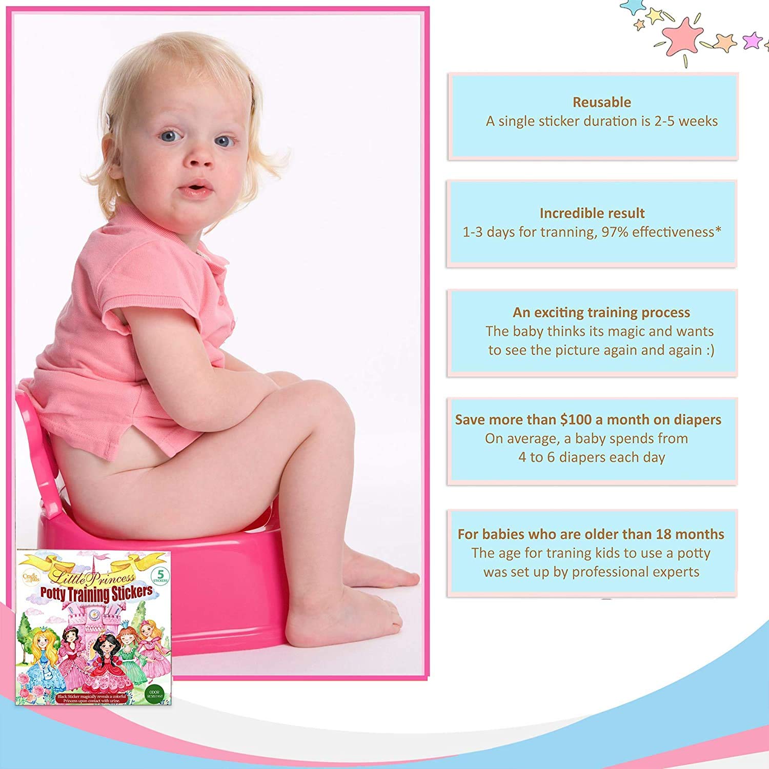 Potty Training Seat Magic Sticker Princess Toddler Potty Training Toilet Color Changing Sticker | 5 Pack Toilet Targets with Free Potty e Book | Use with/Without Potty Chart or Potty Training Watches