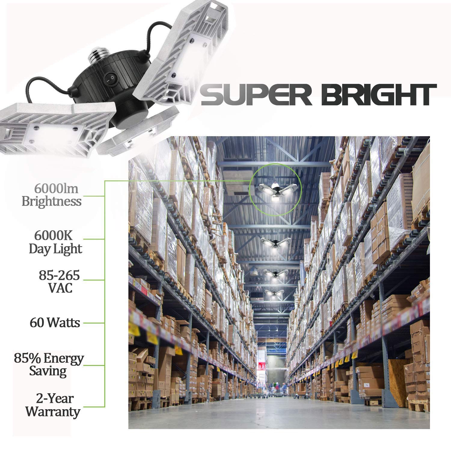 2-Pack LED Garage Lights, 6000Lumens Adjustable Trilights Garage Ceiling Light,60W LED Garage Light, CRI 80, 6000k Day Light, Garage Lights with Adjustable Panels