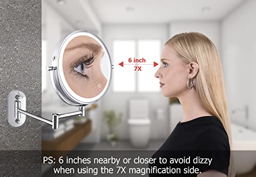 Rechargeable Lighted Wall Makeup Mirror, 2-Sided 1X 7X Magnifying, 8 Inch Lighted Wall Mount Mirror with Medical-Grade 3 Color Lights, Touch Screen Dimming, Extended Arm 360 Rotation (Chrome)