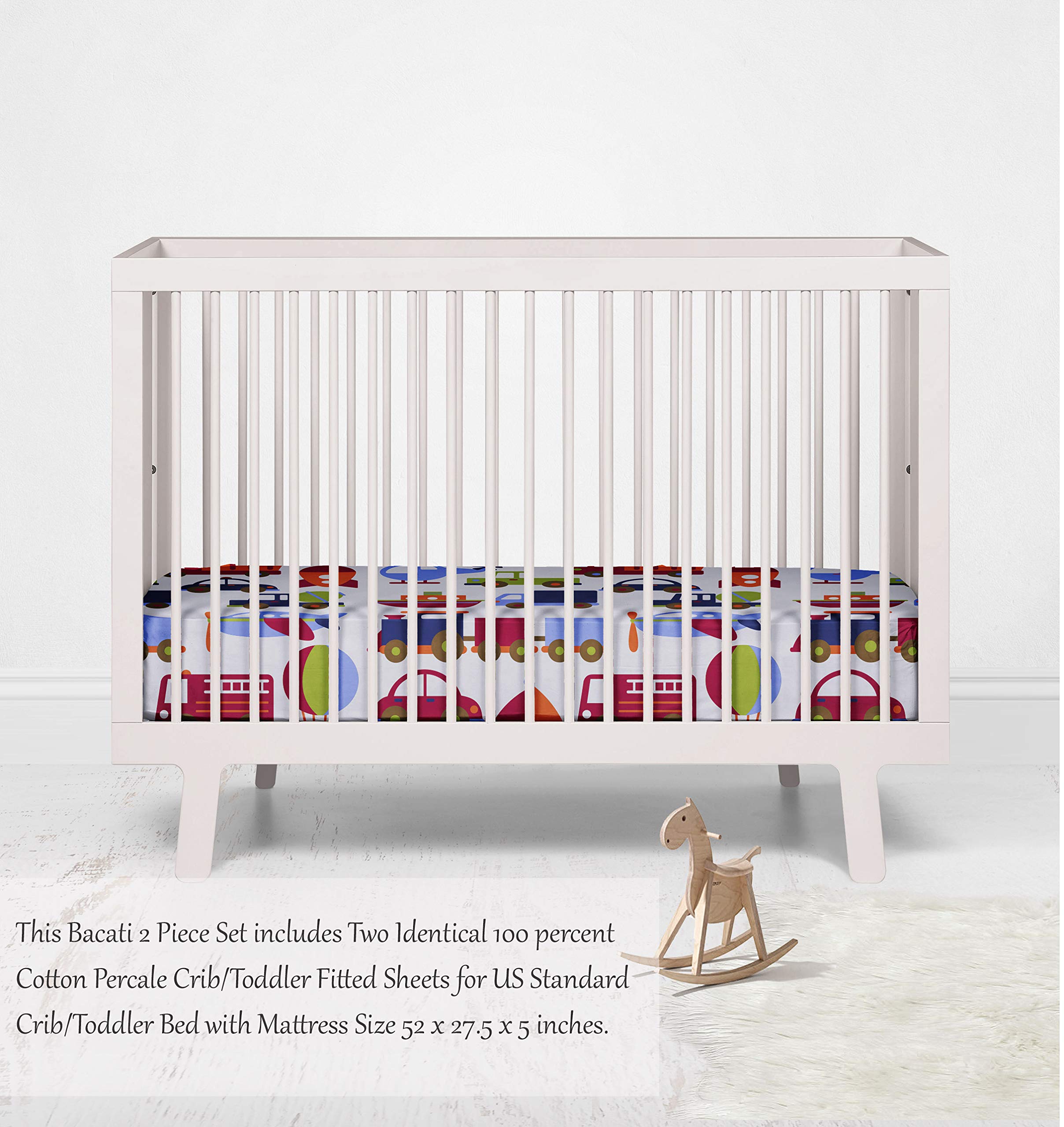 Bacati - 2 Pack Crib Fitted Sheets - Transportation Print Breathable 100% Cotton Percale Baby Sheets - Fits Standard 28 x 52 X 5 inches Crib & Toddler Mattresses