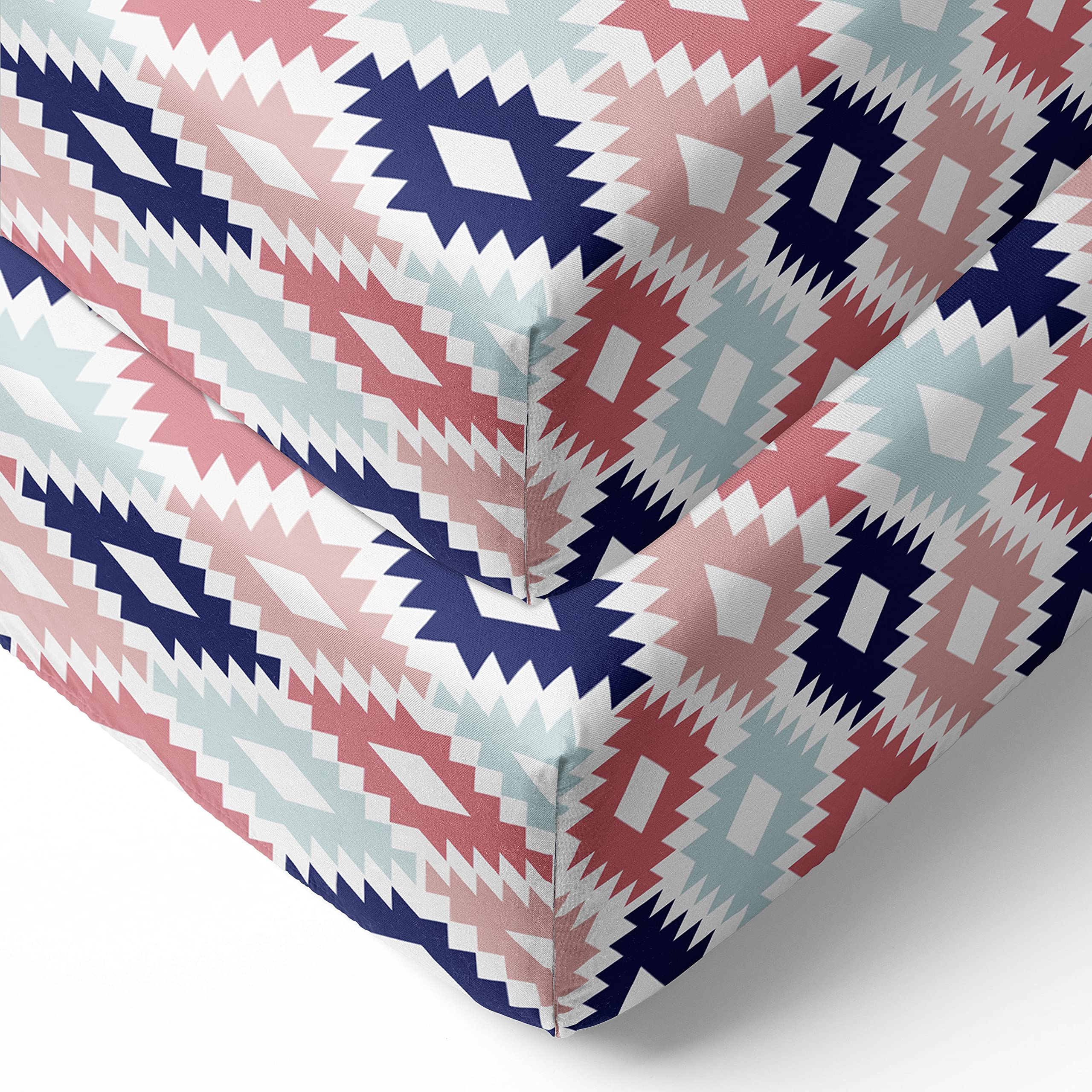 Bacati - 2 Pack Emma Aztec Kilim Printed Girls 100% Cotton Universal Baby US Standard Crib or Toddler Bed Fitted Sheets (Coral Mint Navy)