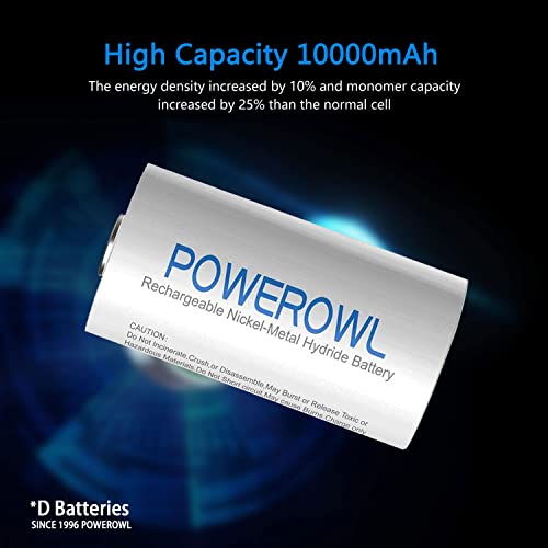 POWEROWL Rechargeable D Batteries with 4 Bay Battery Charger, USB Quick Charging, for AA AAA C D Ni-MH Ni-CD Rechargeable Batteries -4 Count