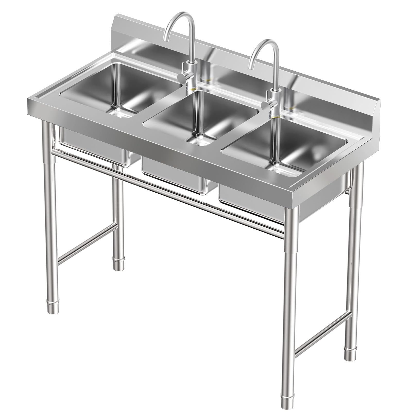 3 Compartment Sink, Stainless Steel Freestanding Utility Sink Commercial Triple Bowl Kitchen Sink with 2 Hot & Cold Faucet Kitchen Sink Station for Restaurant Bar Home Laundry Room Garage 39*18*35.8in