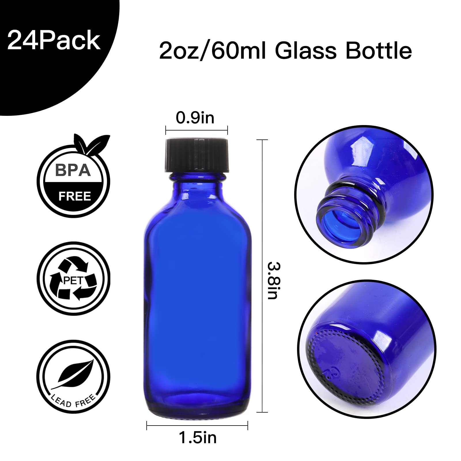 24 Pack 60 ml 2 oz Blue Glass Bottles with Lids, Dispensing Round Boston Bottles for Essential Oils, Hot Sauce, Juice, Liquids,Vanilla Wedding Decor. Include 1 pen, 2 Brush,3 Funnel, 80 Labels.