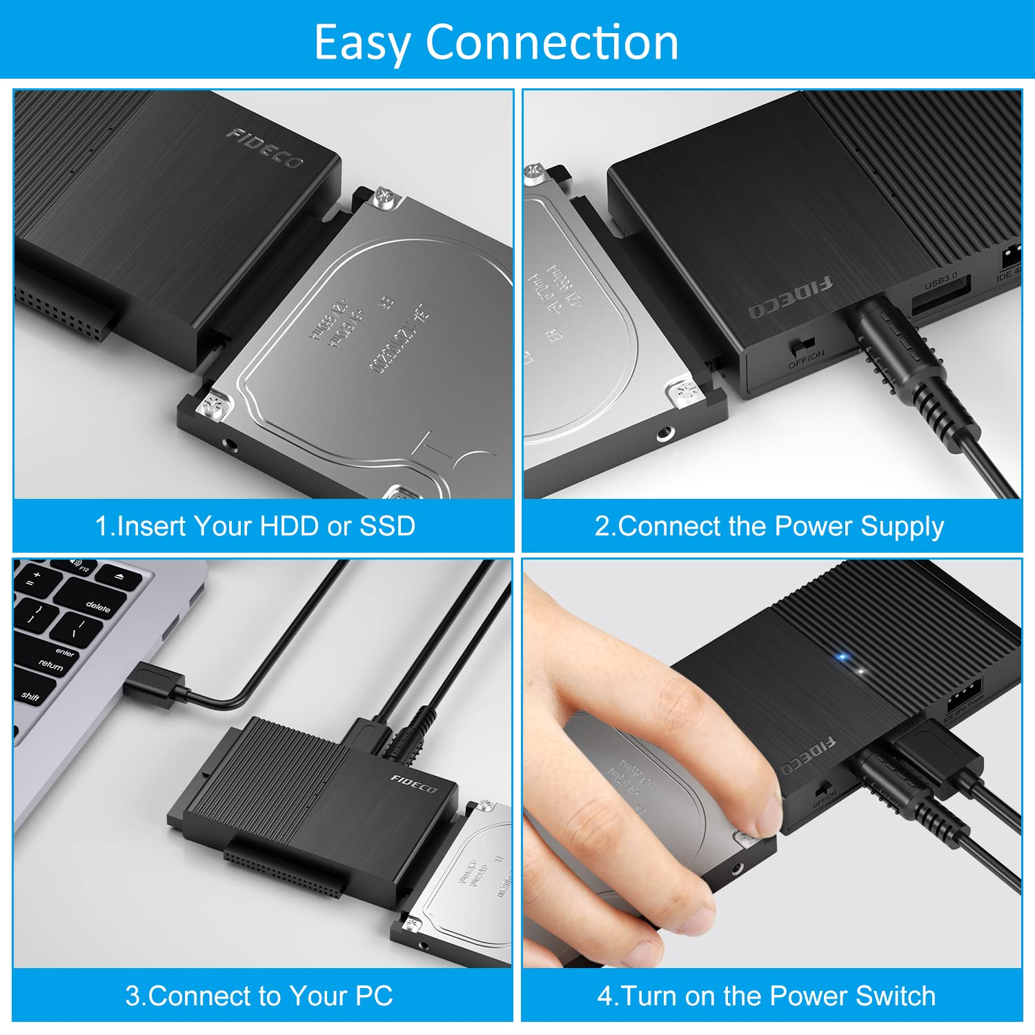FIDECO USB 3.0 to SATA or IDE Adapter, Hard Drive Adapter Cable Universal for 2.5/3.5 inch SATA HDD/SSD & IDE HDD with 12V Power Adapter