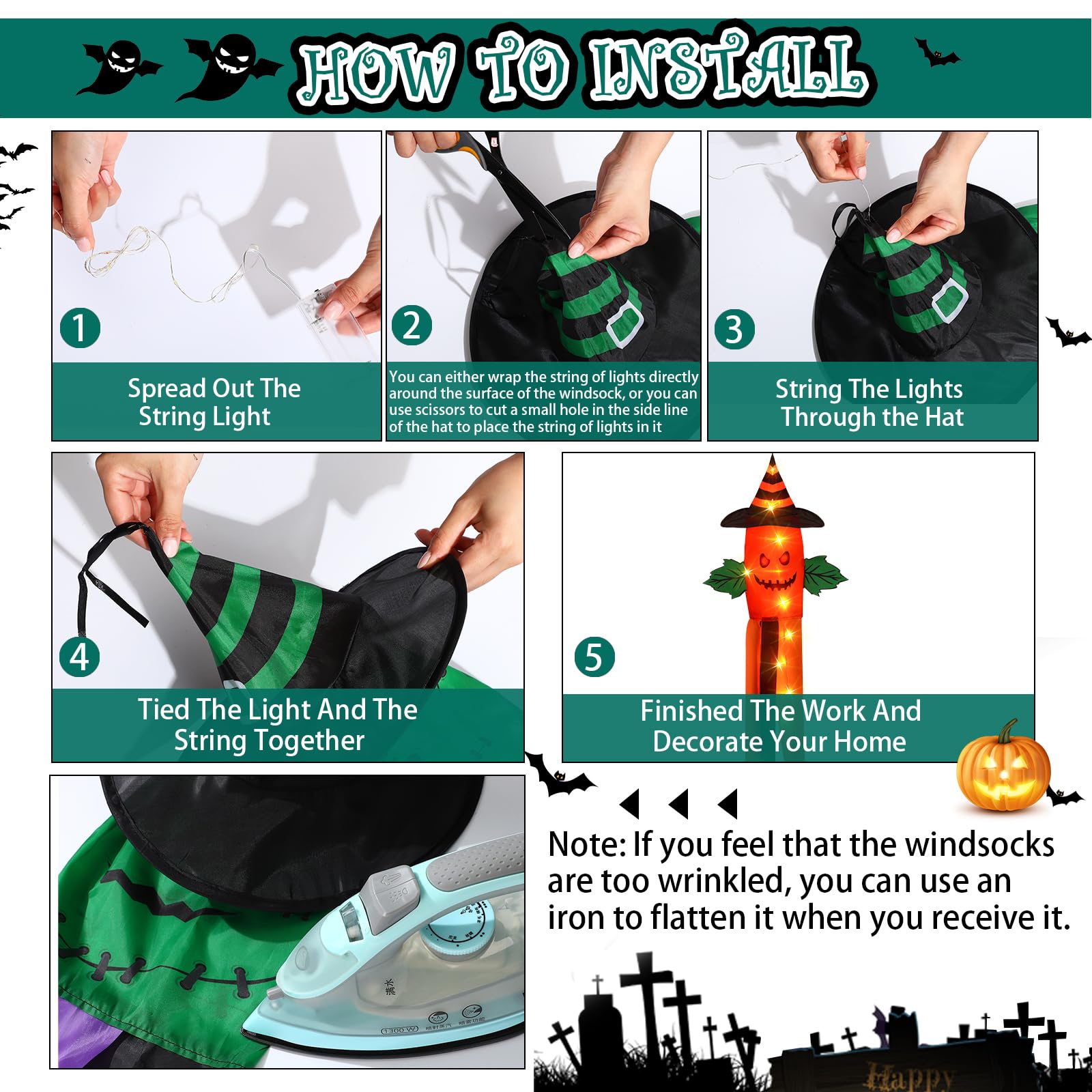 2 Pack Halloween Windsock Flag Halloween Outdoor Decorations with LED Lights Hanging Glowing Witch Hat Windsock Flag Ghost Spooky Wind Socks for Trees Yard Front Door Decor (Green Ghost)