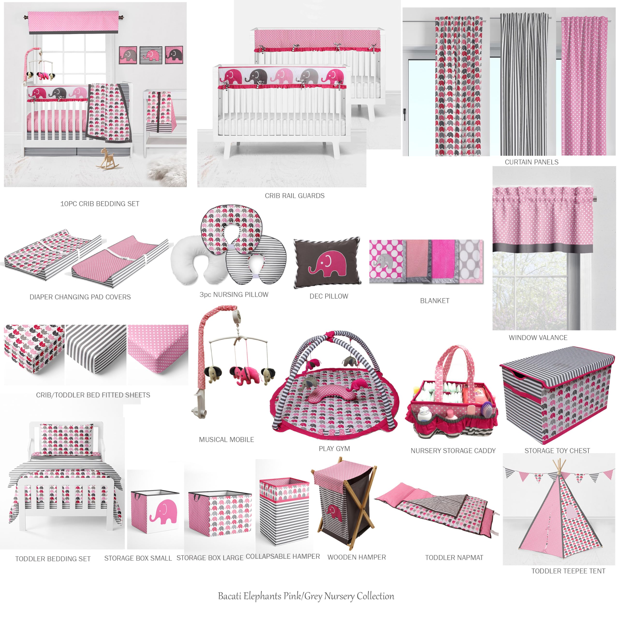 Bacati - Elephant Pink, Fuchsia, Grey 100% Cotton Girls Universal Baby Crib or Toddler Bed Fitted Sheet