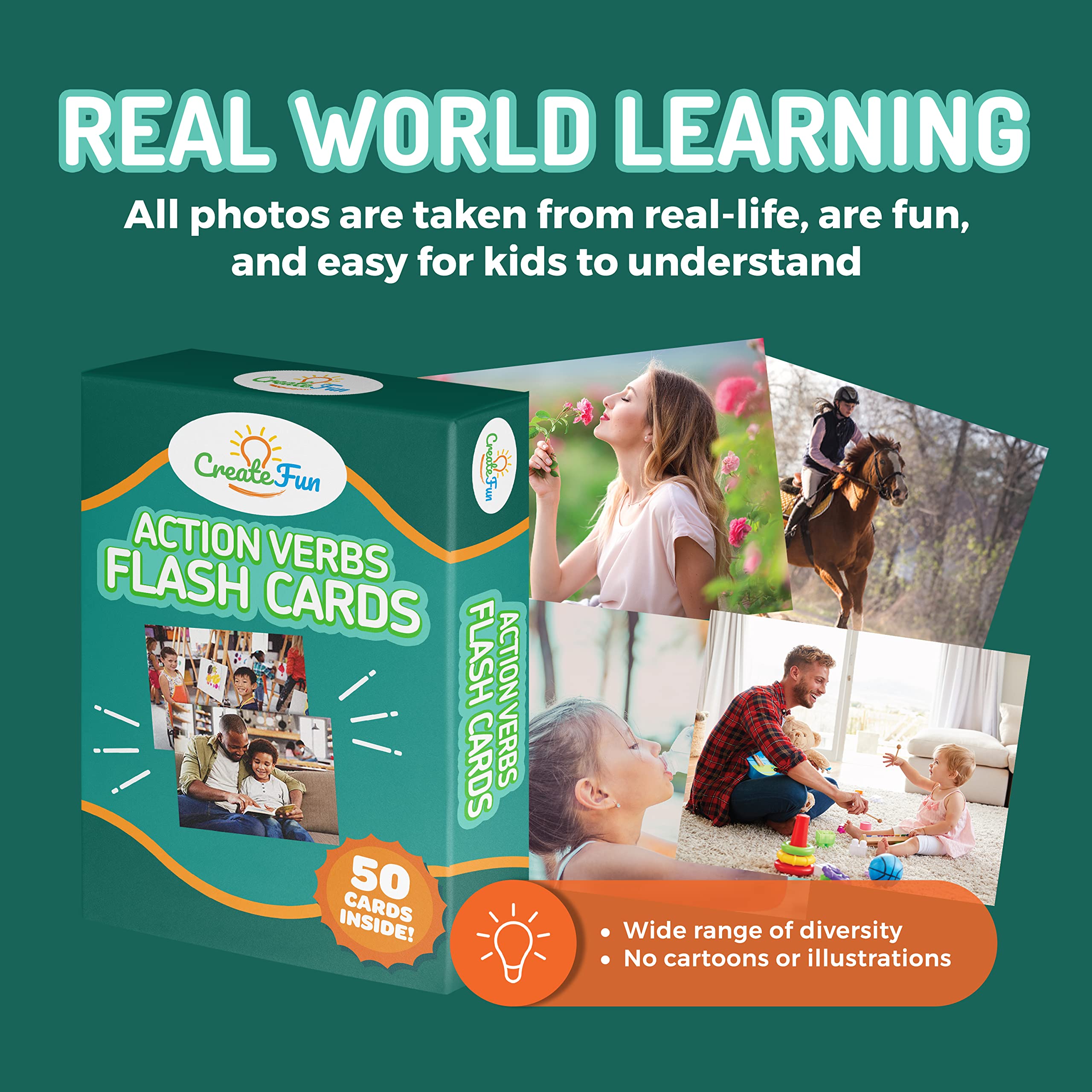 Action Verbs Flash Cards - 50-Piece Educational Flash Cards for Speech Therapy and Home Schooling - Thick and Durable Vocabulary Builder Flash Cards for Kids and Adults