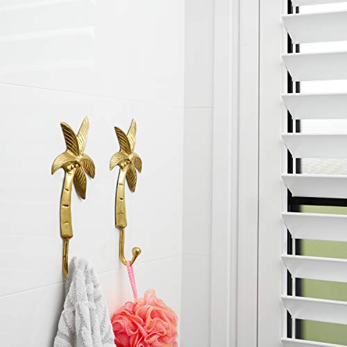 Coastiva Brass Palm Tree Decorative Wall Hook, Coastal Home Decor for Towel Holder in Bathroom, Wall Mounted Nautical Style Hooks for Hanging Coat, Robe, Bag, Towels, Hat, Purse and Key