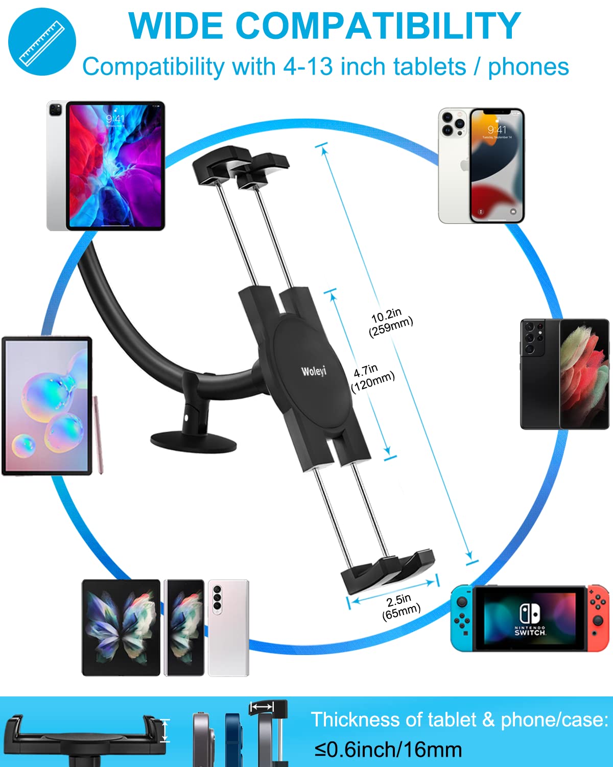 woleyi Windshield Car Tablet Mount, Car/Truck Window Dashboard Tablet Holder with Long Arm Suction Cup, Compatible with iPad Pro/Air/Mini, Galaxy Tab/Z Fold, iPhone, More 4-13" Cell Phones and Tablets