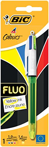 BIC 4 Colours Fluo Ballpoint Pen Black, Blue, Red and Fluorescent Yellow Ink Colours 1 Pack
