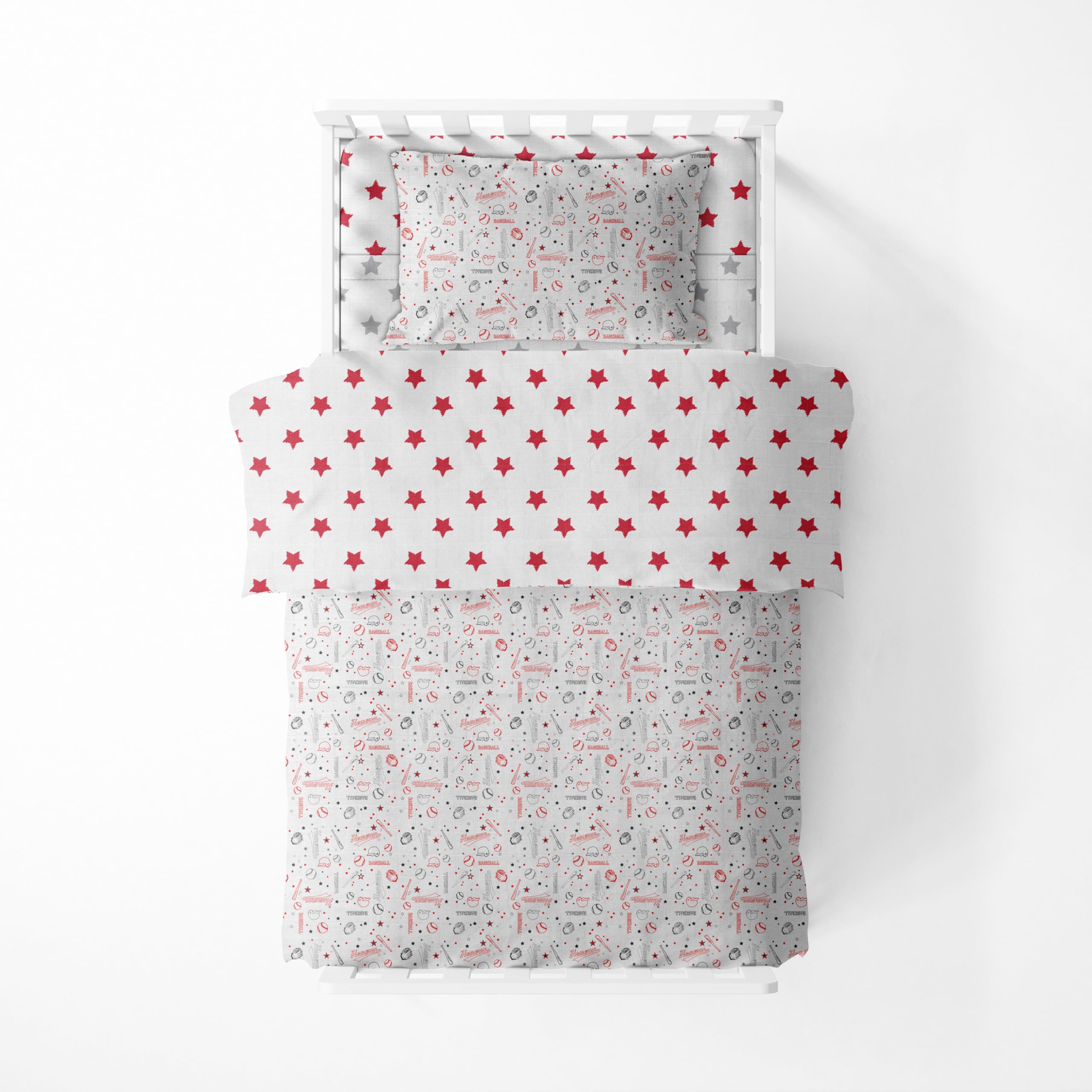 Bacati - Muslin Sports 4 Piece Boys Toddler Bedding Set 100 Percent Cotton Includes Reversible Comforter, Fitted Sheet, Top Sheet, and Pillow Case (4 pc Toddler Bedding Set, Baseball Red/Grey)