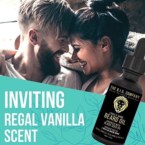 Beard Oil for Men - Beard Conditioner is a Softener for Coarse Dry Beards - Supports Natural Growth - Enhanced with Black Seed Oil - Eliminates Dandruff - Regal Vanilla Scented - The B.I.G. Company