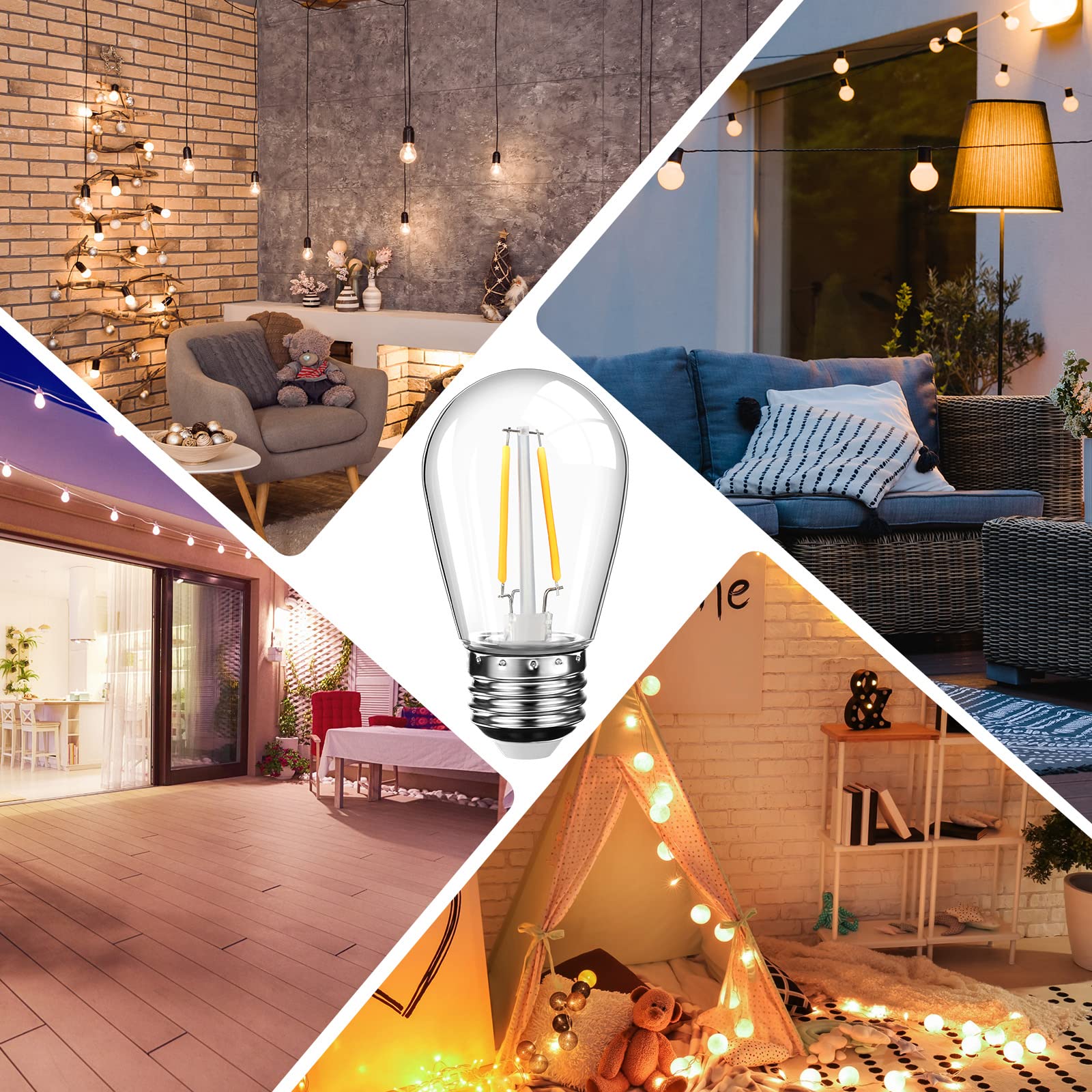 60 Pack LED Replacement Light Bulbs S14 Shatterproof Waterproof String Light Replacement Bulbs 1W Outdoor LED Bulbs Vintage Patio Bulbs, E26 110v Regular Base (Warm White)