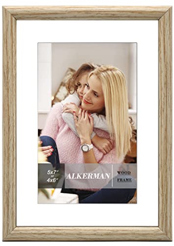 Alkerman 5x7 Picture Frame,Display Pictures 4x6 with Mat or 5x7 Without Mat, Natural Wood with High Definition Glass for Table Top Display and Wall Mounting Photo Frame