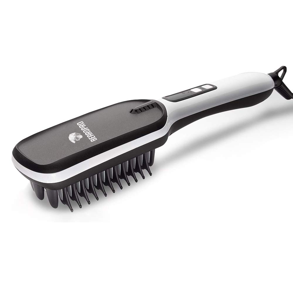 BeardPro Beard Straightening Brush - Professional Grade Anti Frizz Ionic Wet/Dry Hair Straightener with Ceramic Plate - Portable Heated Hairbrush & Styling Tool for Men