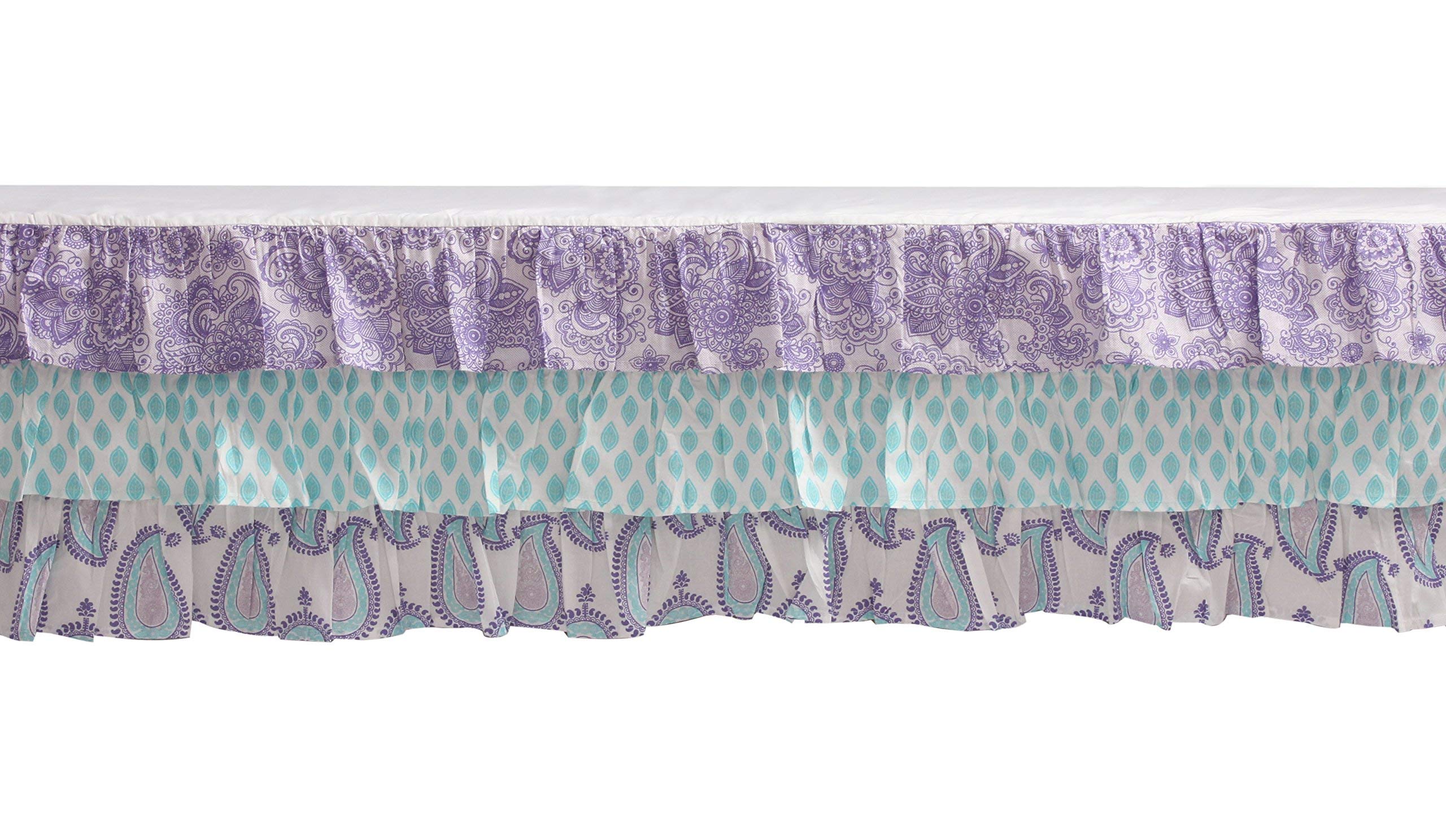 Bacati - Paisley Floral 100 Percent Cotton Percale Crib/Toddler Bed Ruffle/Skirt (Aqua/Lilac/Purple 3 Tier Layer)