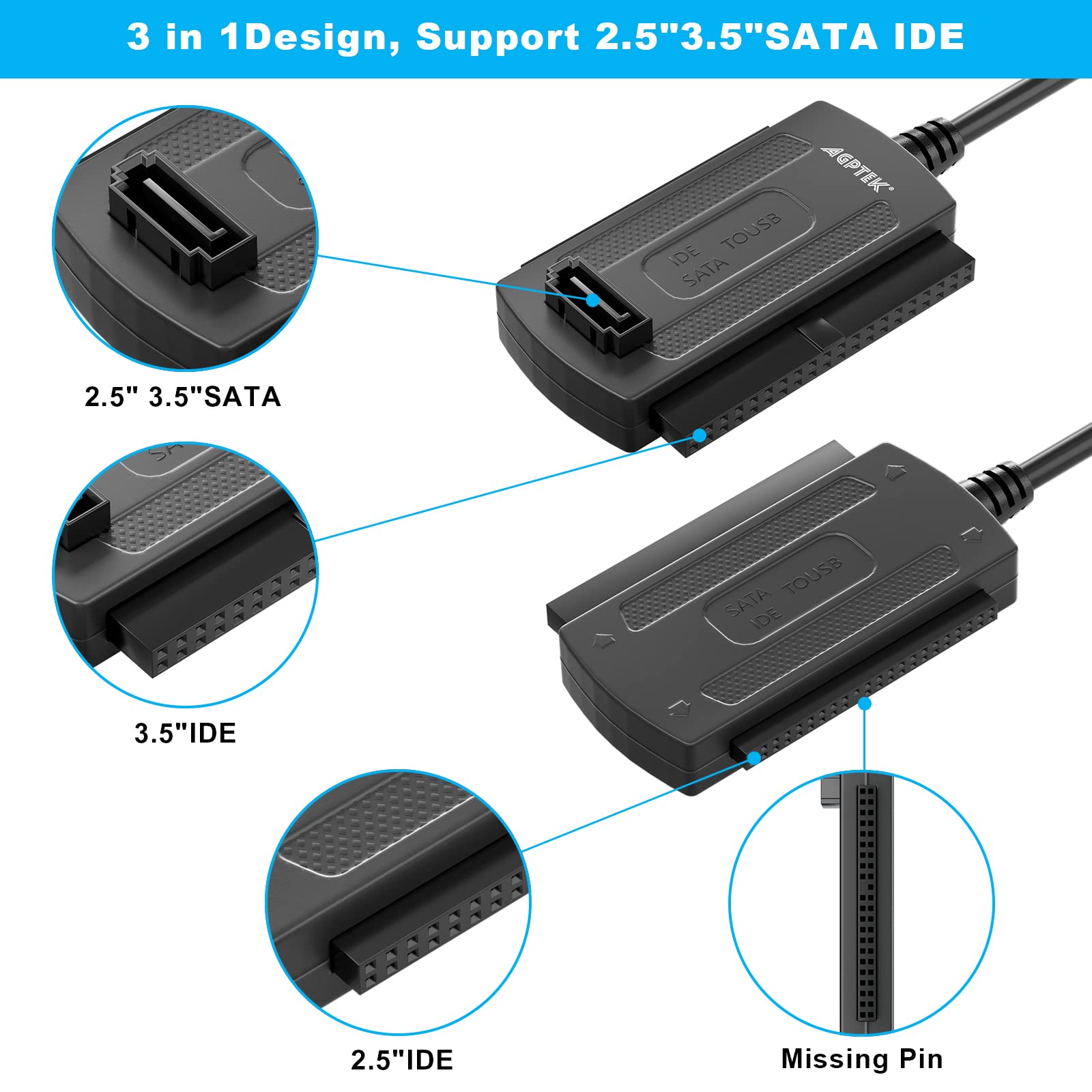 AGPTEK® SATA/PATA/IDE Drive to USB 2.0 Adapter Converter Cable for Hard Drive Disk HDD 2.5" 3.5", Compatible with USB 1.1/2.0/3.0, with External AC Power Adapter Included