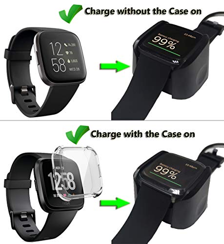 Replacement Charger Dock Compatible with Fitbit Versa 2 Charger, Charging Cradle Stand Cable and 2Pcs Full Cover Case Screen Protector, Soft Plated TPU Case for Versa 2 Smart Watch