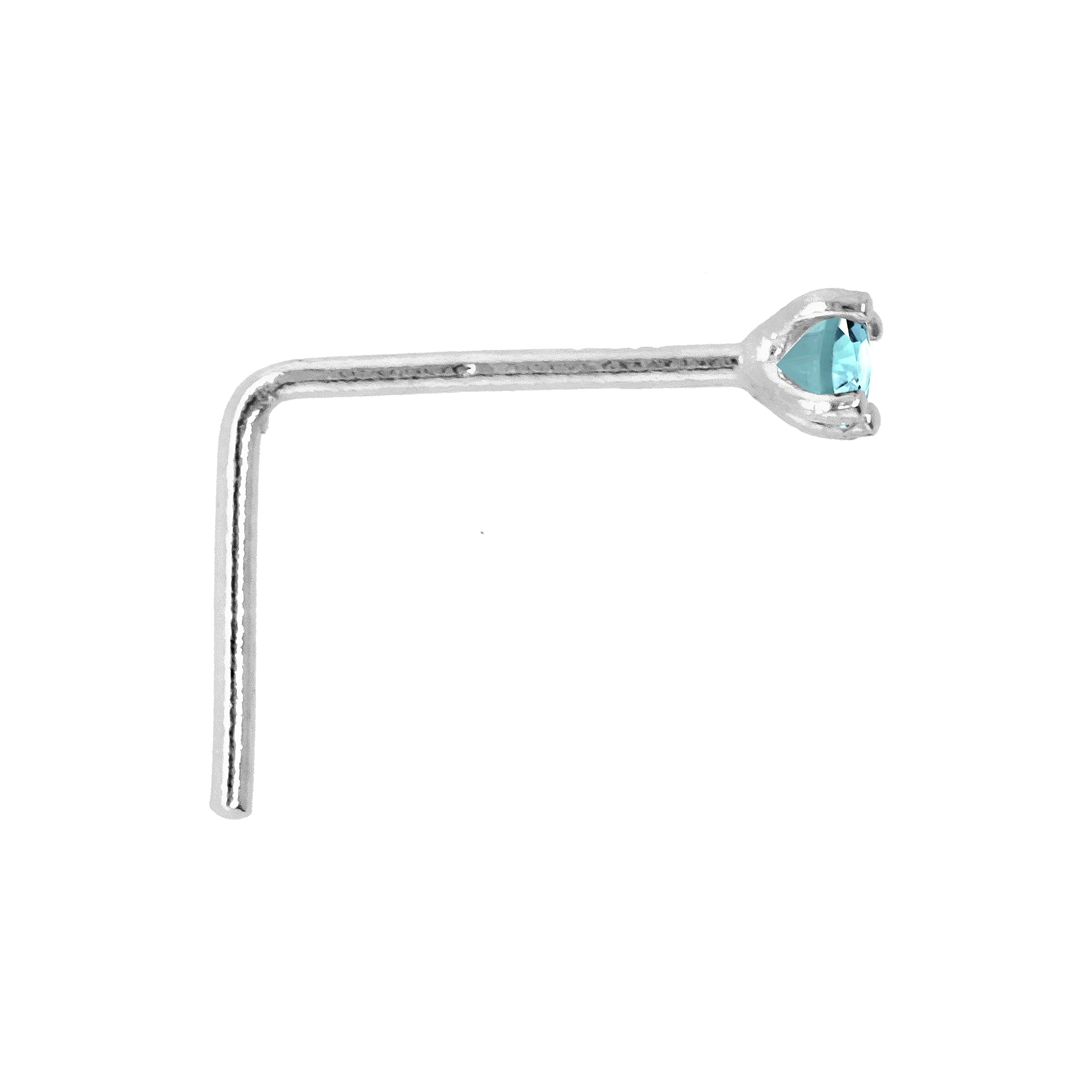 22G Solid 14Kt Gold L-Shape Nose Stud with real Aquamarine Gemstone, 14kt Yellow Gold or 14kt White Gold Prong Setting - March Birthstone Nose Ring-LSWG_AQM-2MM