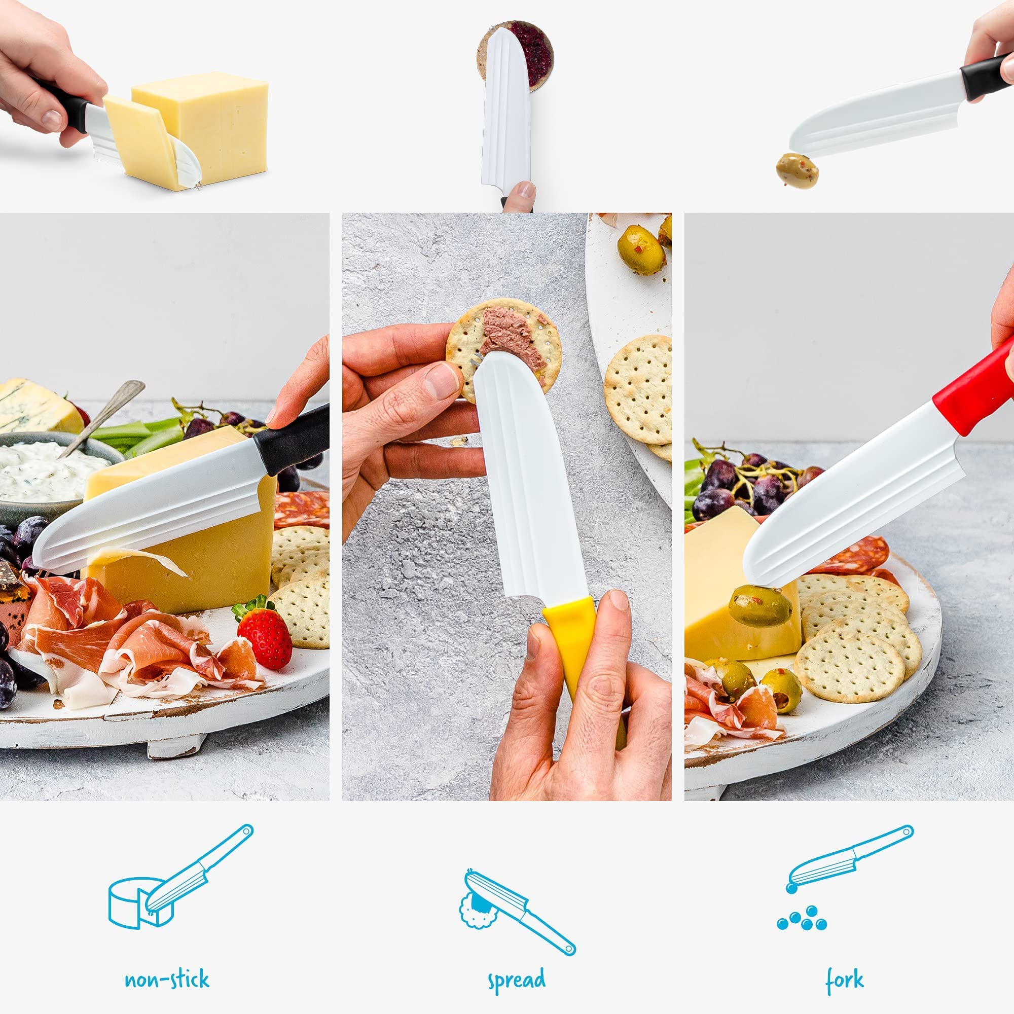 Dreamfarm Knibble Lite 3-in-1 Non-Stick Cheese Knife for Charcuterie, Slicing, Spreading, with Built-in Fork to Serve & Share Foods - 9" Black
