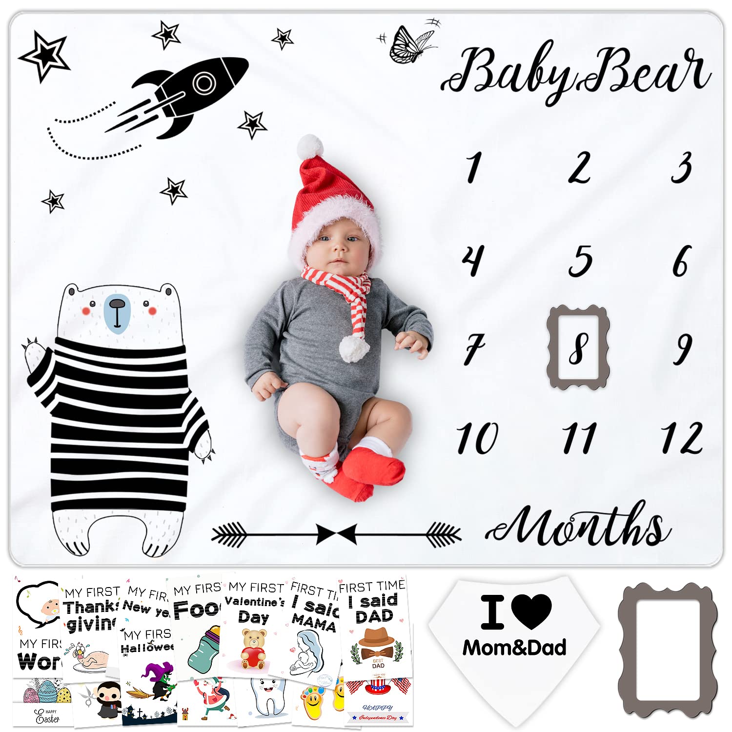 Kmivo Baby Milestone Blanket, Baby Monthly Milestone Blanket for Baby Boy Soft Large Blanket for Newborn to 12 Months with Milestone Marker & Cards (Baby Bear /40”x 51”)