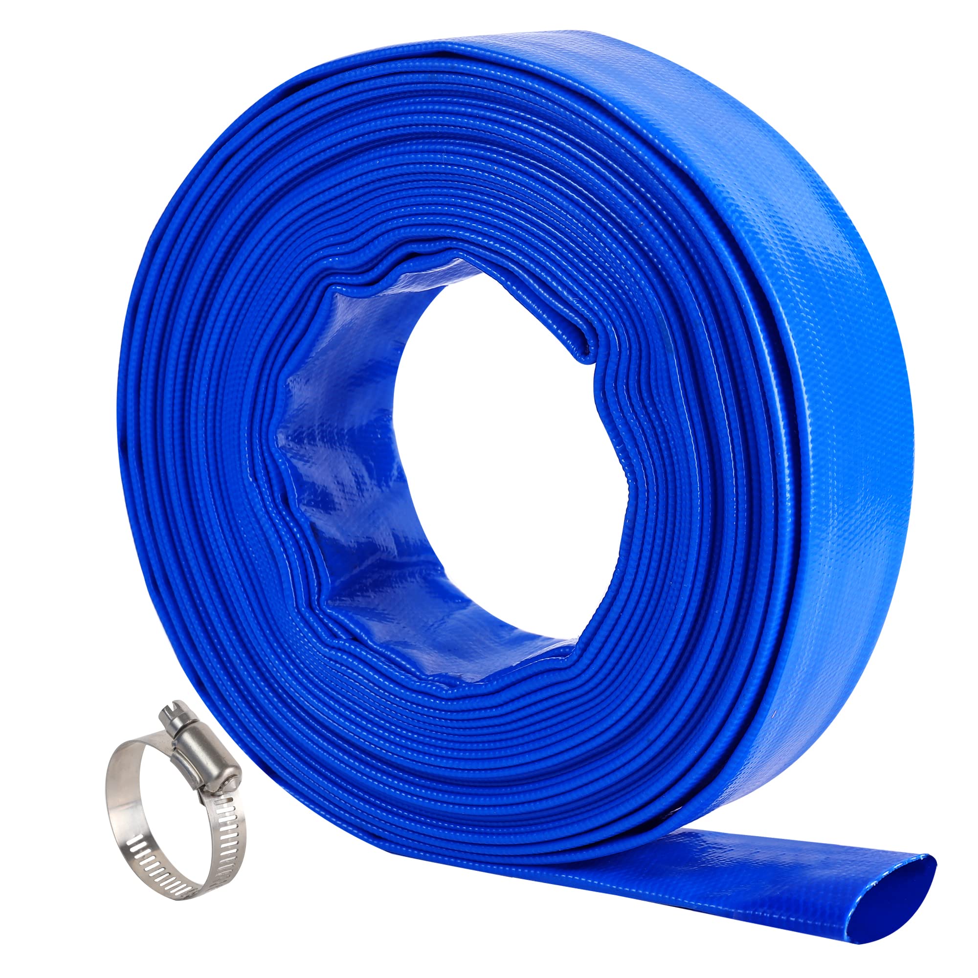 2" x 50 FT Pool Backwash Hose Blue Heavy Duty Reinforced PVC Lay Flat Water Discharge Hose for Swimming Pool Filter Pump,with 1 Clamp