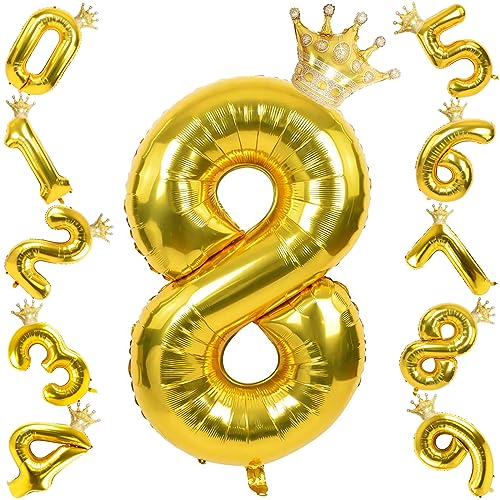 40 Inch Gold Number Foil Balloons With Detachable Gold Crown,Large Size Number 8 Mylar Helium Balloons For 8th Birthday Party Wedding Anniversary Celebration Decoration Supplies (8)