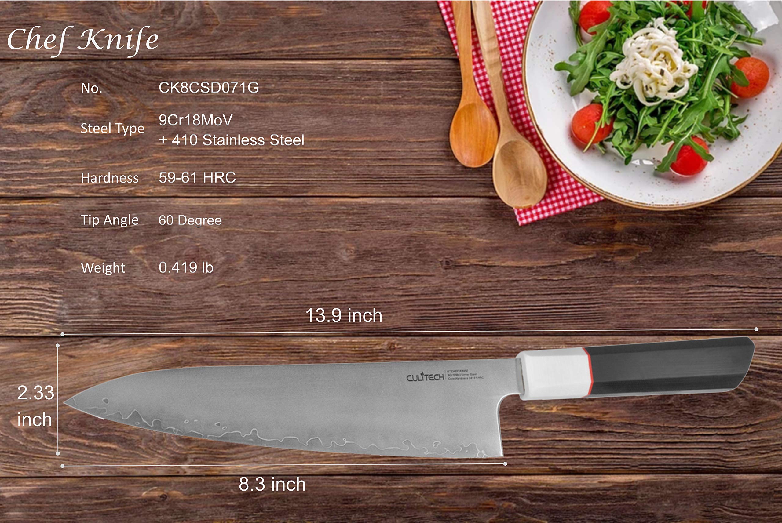 CULITECH Chef Knife, 9.5 inches Extreme Sharp High Carbon Alloy Steel Stainless Knife with G10 Octagonal Handle for Kitchen and Restaurant used