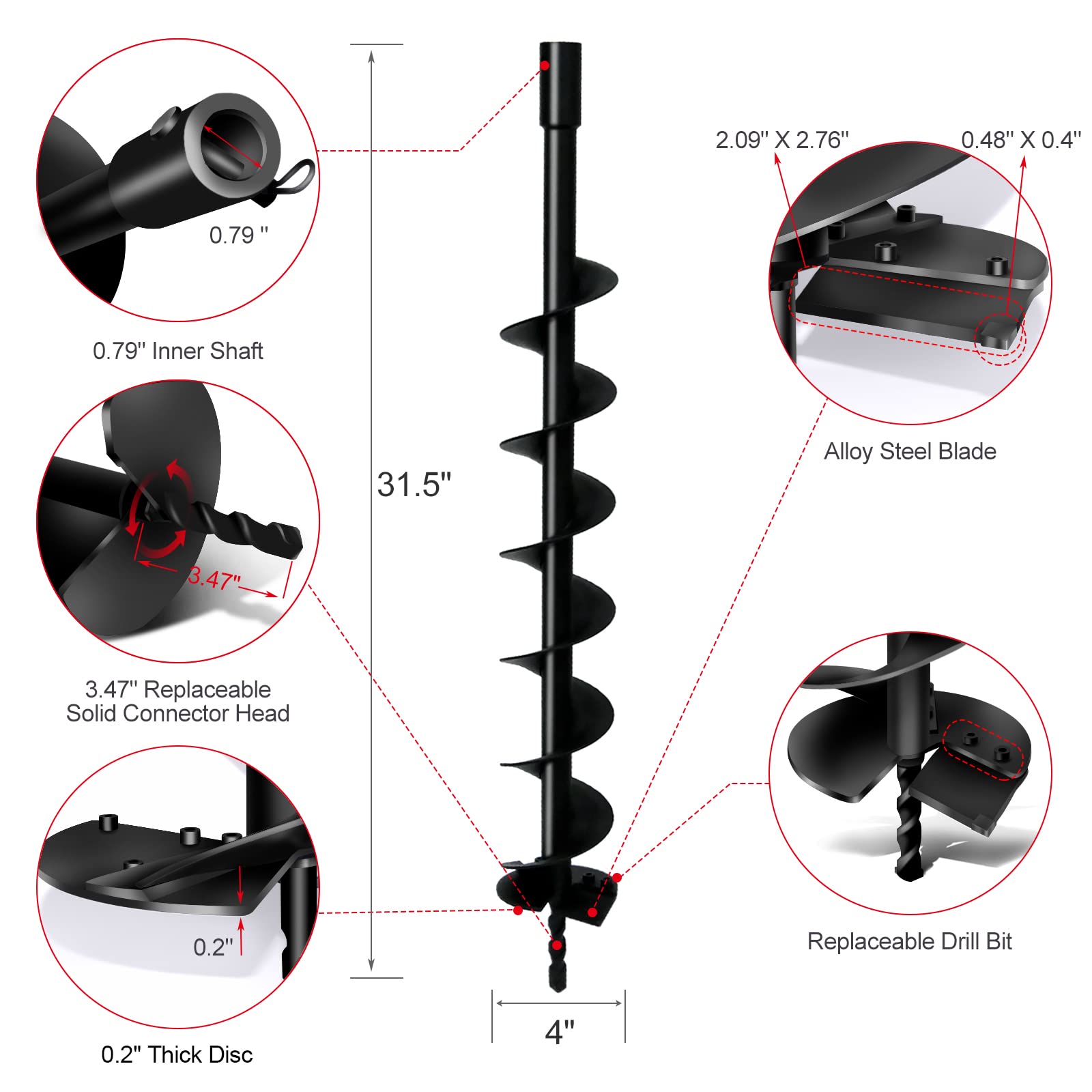 LONGRUN Earth Auger Drill Bit for Garden Fence Post, 4" x 31.5" Post Hole Auger, 0.79β(20mm) Inner Shaft Auger Bit for Planting Trees and Bedding, Bulbs, Seedlings, Gardening, Large Fencing Digger