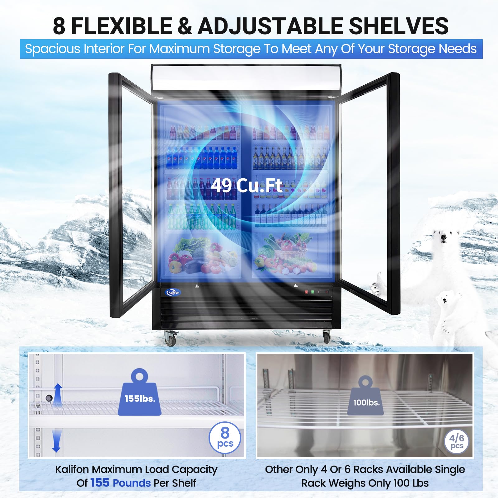 kalifon Commercial Glass 2 Door Display Refrigerator 49 Cu.Ft Beverage Cooler Merchandiser Upright with LED Light for Home Restaurant Grocery Stores