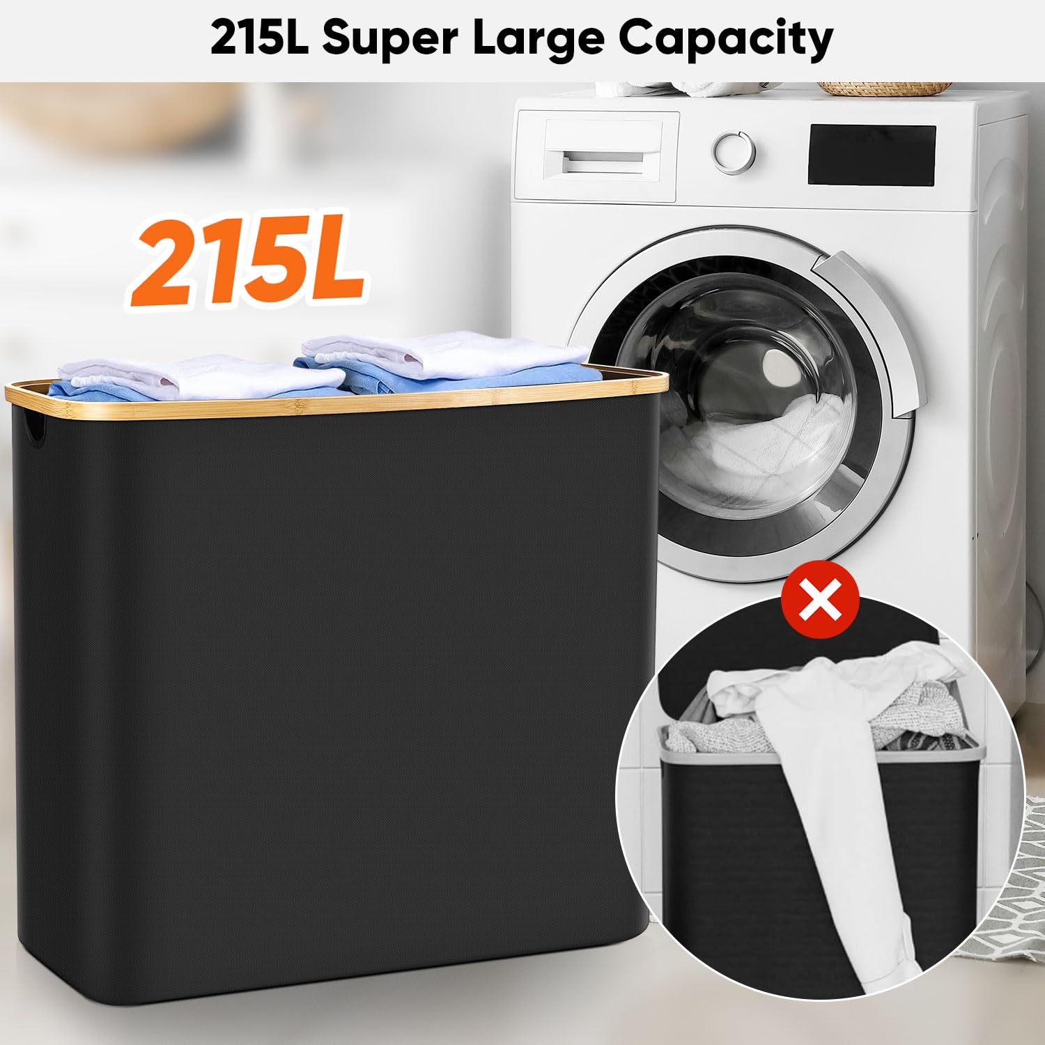 215L Double Laundry Hamper with Lid, Laundry Basket with Removable Laundry Bags, Collapsible 2 Section Dirty Clothes Basket with Bamboo Handles, Perfect for Bedroom, Bathroom, Laundry Room - Black