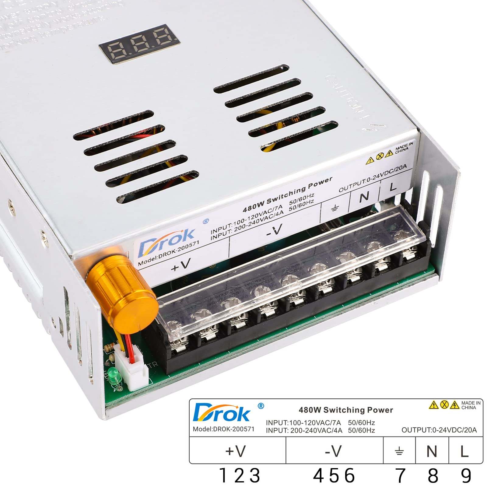 DROK 24V Power Supply, AC 110V/220V to DC 0-24V 20A 480W Buck Converter, Variable Adjustable Adapter Regulated 5V 12V 24V Volt Switching Voltage LED Transformer 20A Amp Charger for Computer Lab