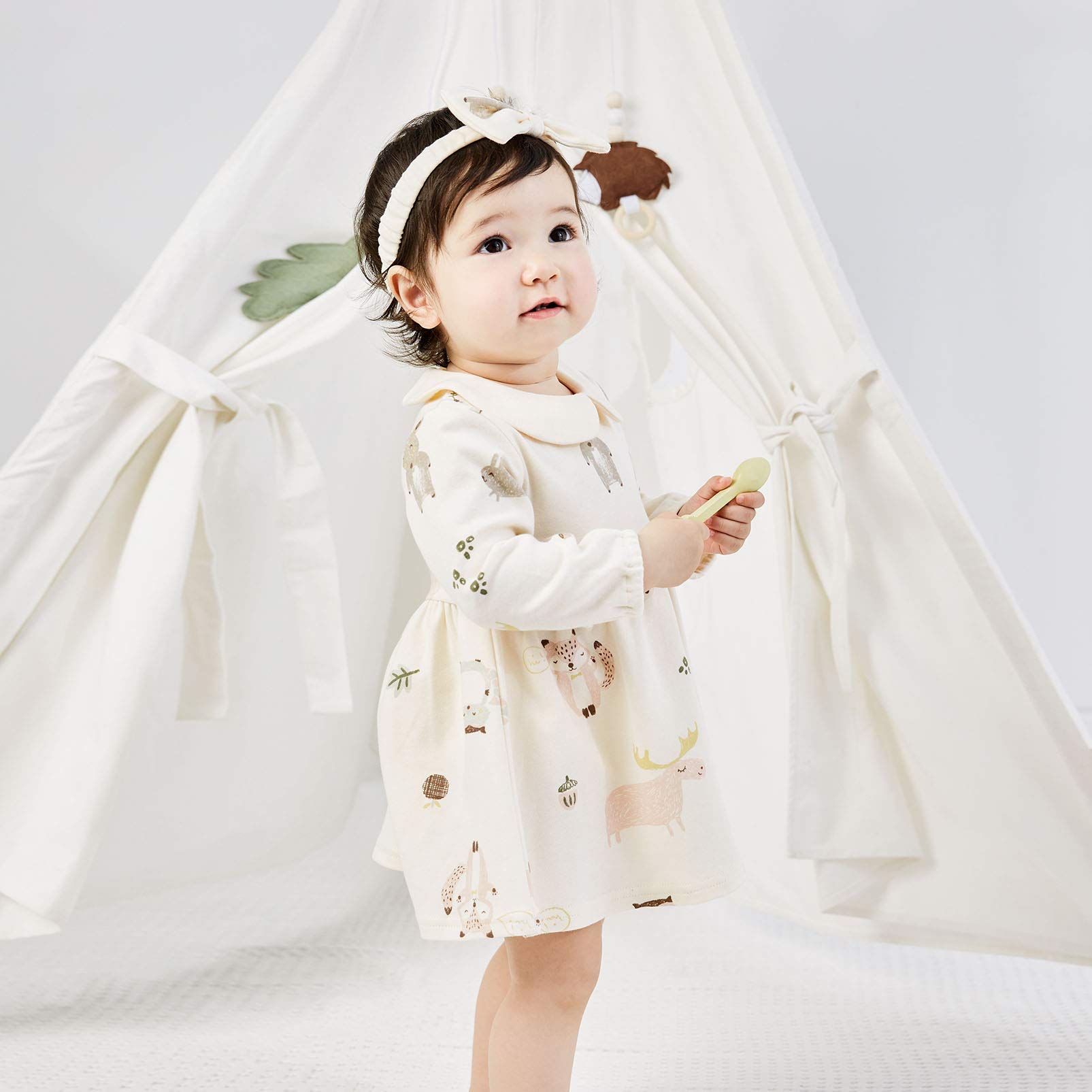 pureborn Baby Girl Dress Infant Long Sleeve Peter-pan Collar Spring Fall Cotton Playwear Dresses Beige 0-3 Months