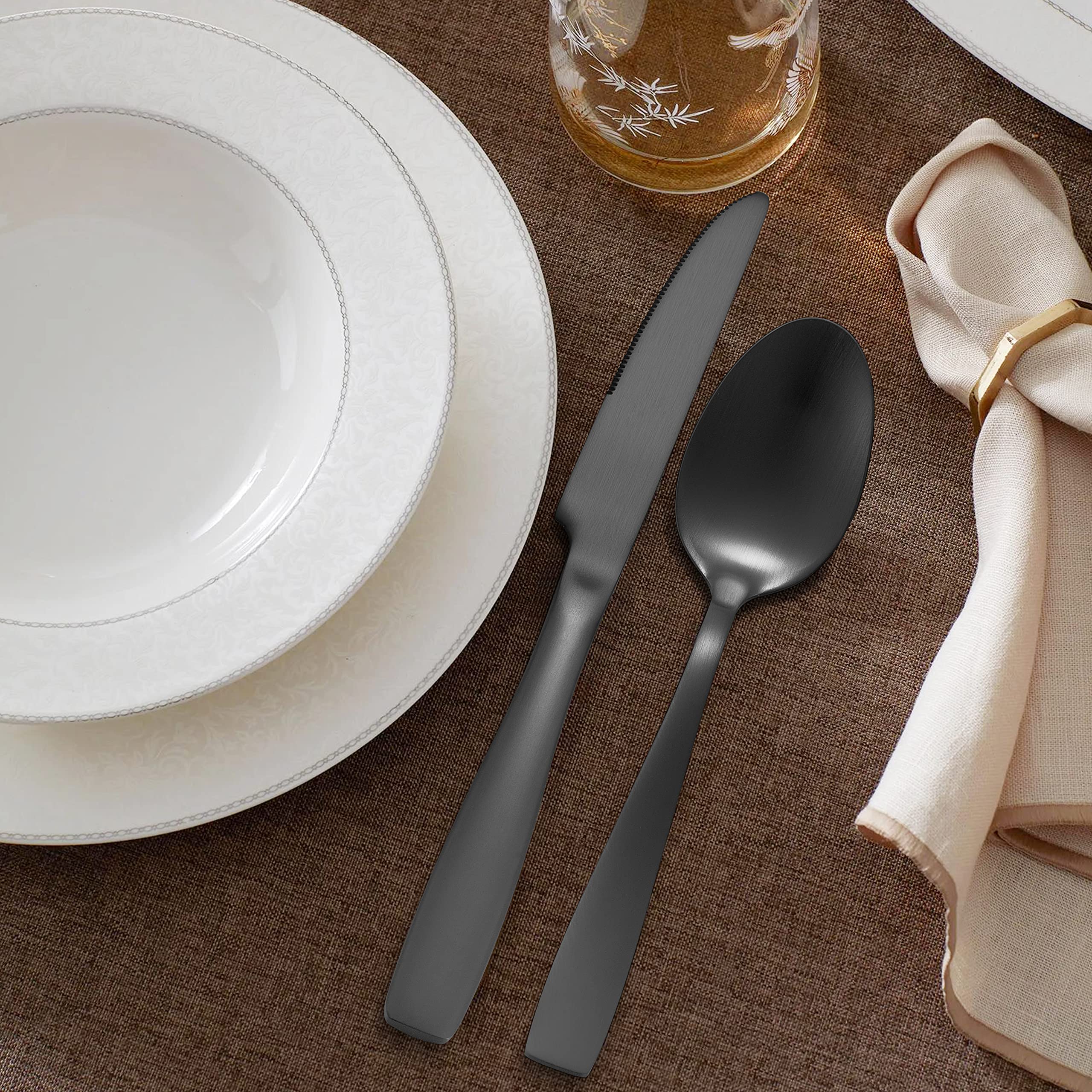 60-Piece Black Silverware Set for 12, HaWare Stainless Steel Flatware with Mellow and Full Square Handle, Cutlery Set for Home Kitchen, Include Fork Knife Spoon, Matte Finish, Dishwasher Safe