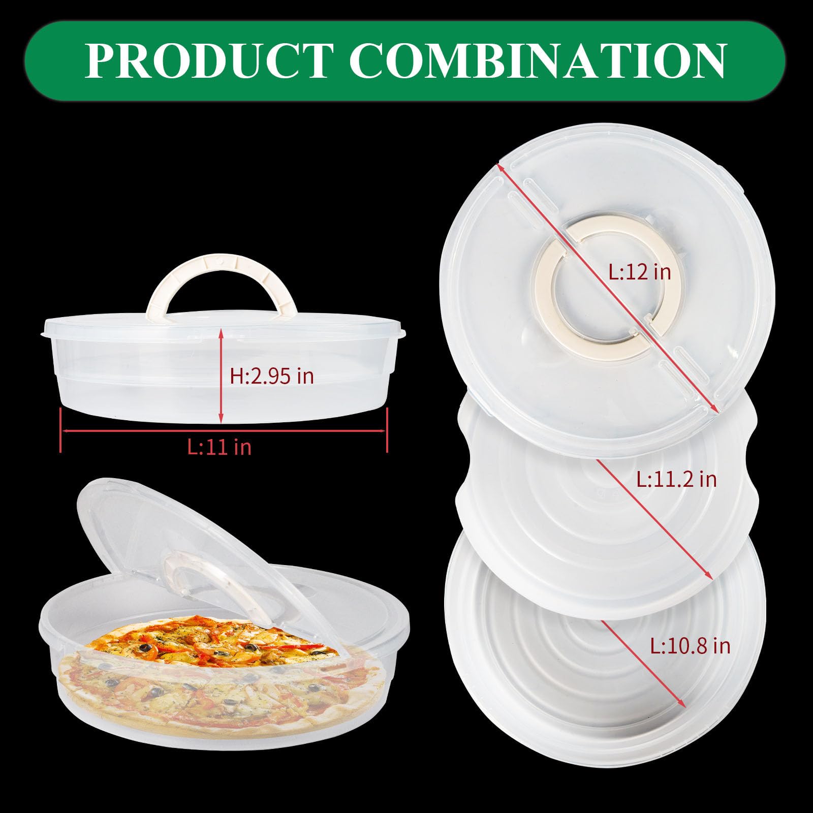 2 Pack 12inch Food Storage Container,with Lid and Handle, Reusable 2 Compartments Pizza Storage Container, Pie Container Leftover Pizza Keeper, for Cake Cheesecake Tortilla Pastry,Clear Pie Carrier