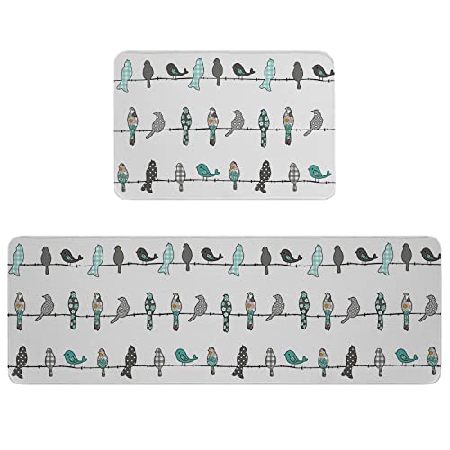 2 PCS Cushioned AntiFatigue Kitchen Mats and Rugs,Birds Florals Absorbent Floor Bath Door Mat Non-Slip Doormat Accent Runner Carpet Washable Comfort Standing Mat Retro Teal Plaid Boho Polka Dot