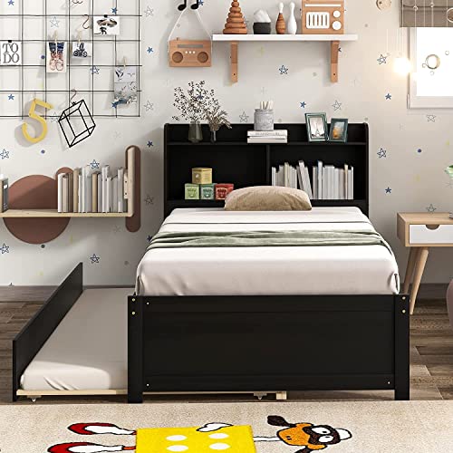Harper & Bright Designs Twin Bed with Trundle, Twin Bed Frame with Bookcase Headboard, Wood Twin Platform Bed with Pull Out Trundle Bed for Kids Girls Boys,No Box Spring Needed,Espresso