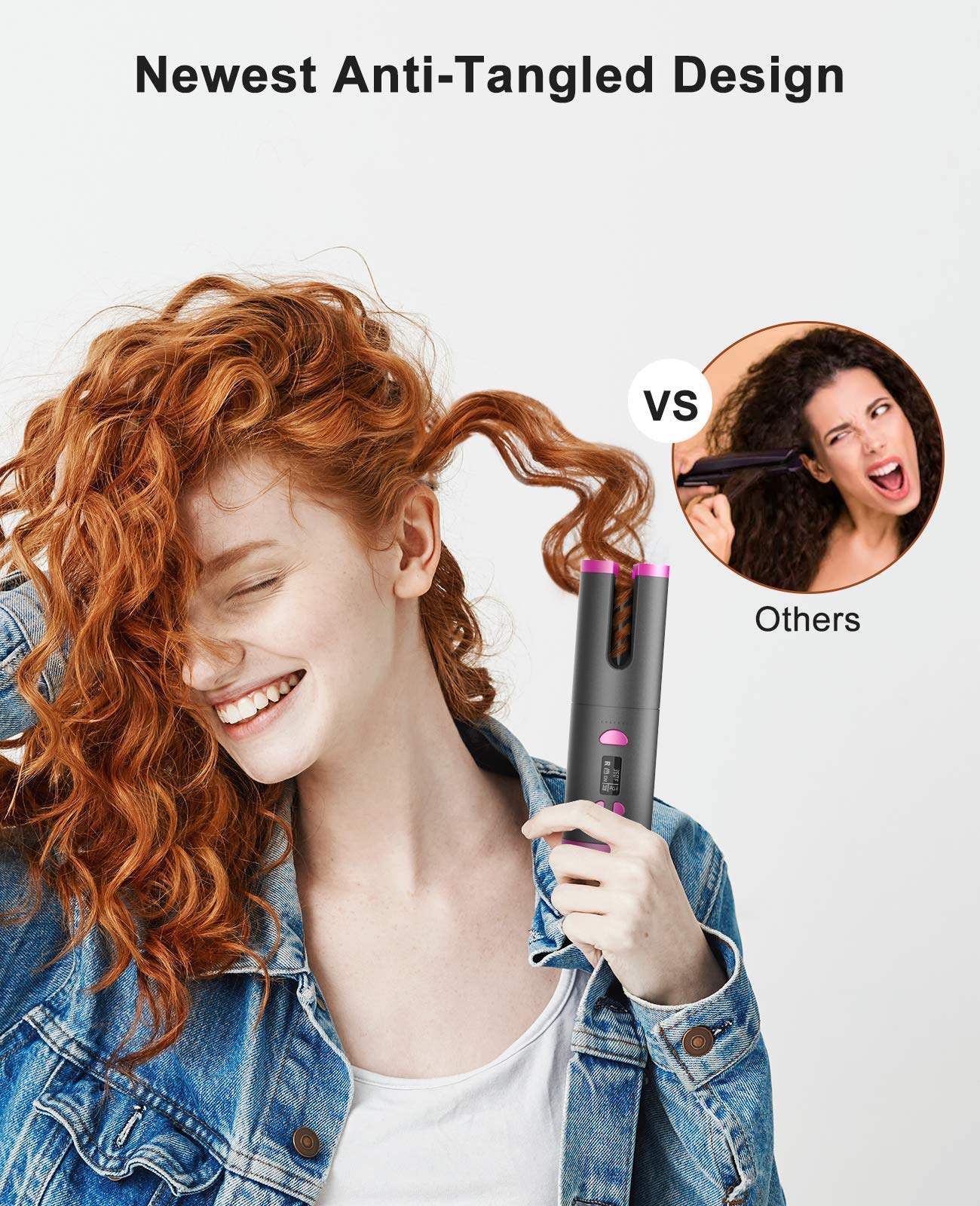 Curling Iron Automatic Cordless Hair Curler with 6 Temperature & Timer Settings, Portable Auto Shut-Off Rechargeable Curling Wand for Girls